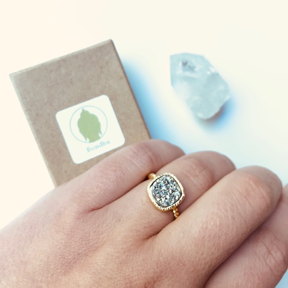 Bondhu | Jewelry | Gunmetal Grey Druzy Gold Ring | Poshmark